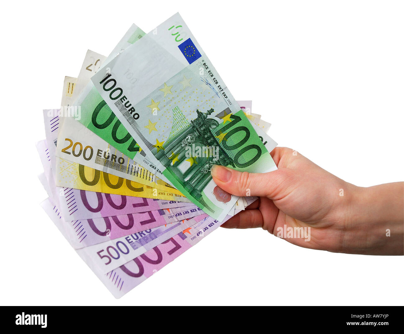 Hand with Euro notes isolated over white background Stock Photo - Alamy