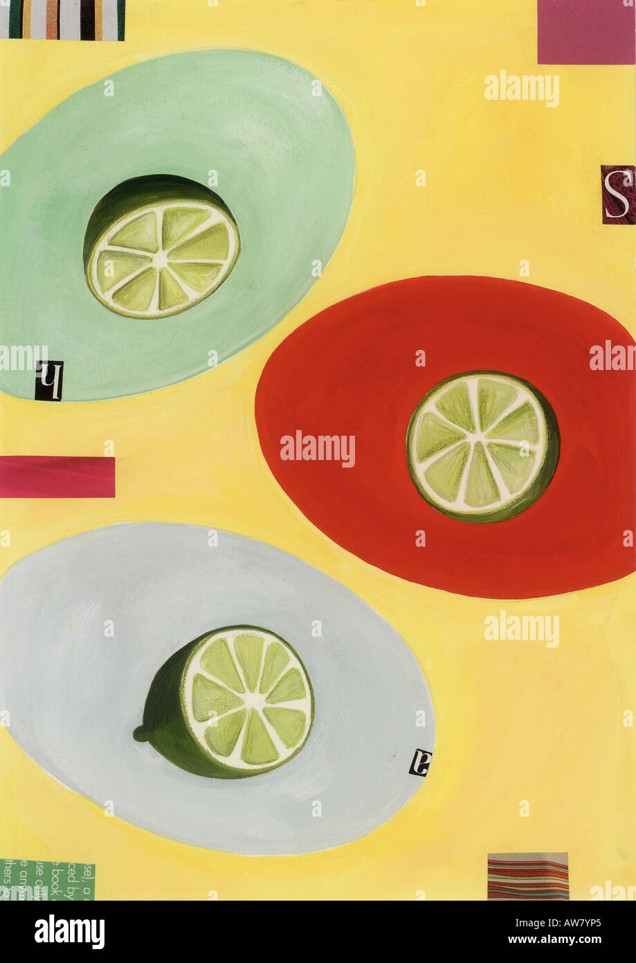 Three cut lime halves on colored circles Stock Photo - Alamy