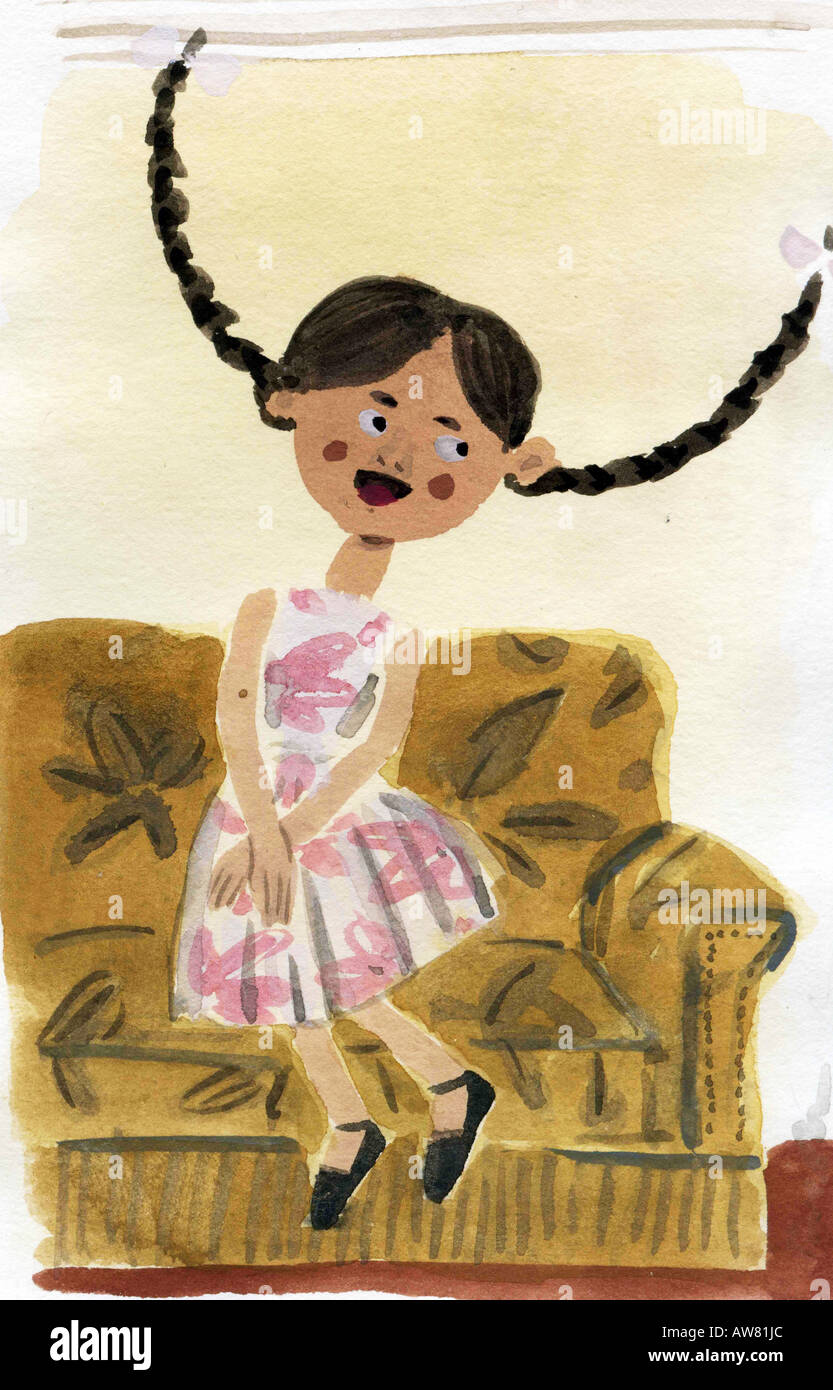 Little girl in dress with long braids flying Stock Photo - Alamy