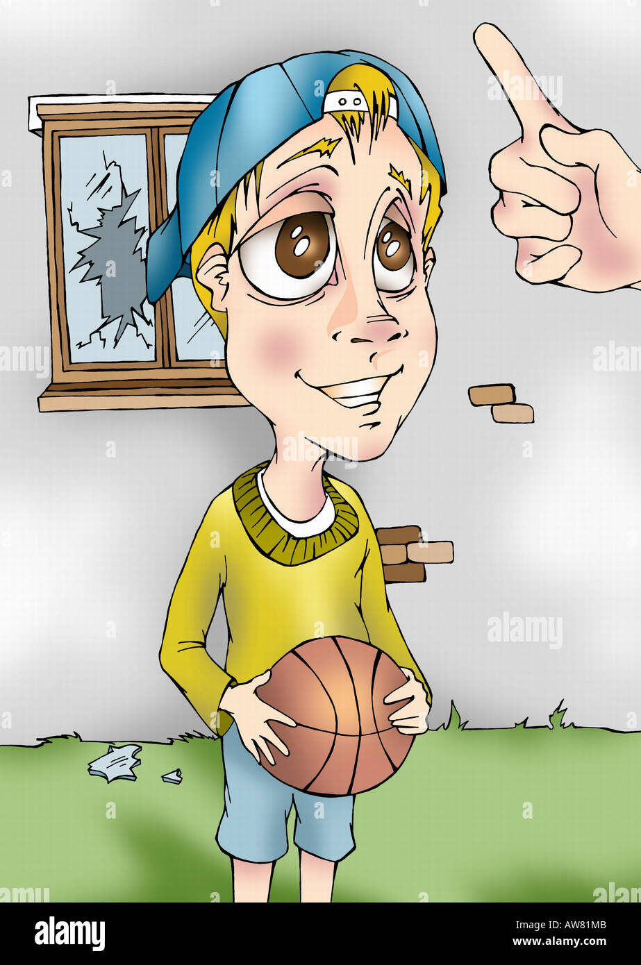Boy being told off for breaking a window with his ball Stock Photo - Alamy