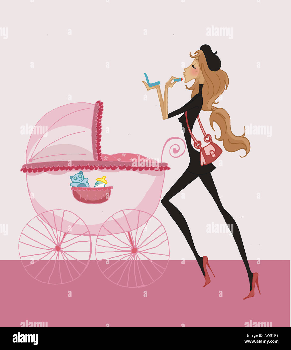 Cartoon mother pushing baby stroller hi-res stock photography and ...