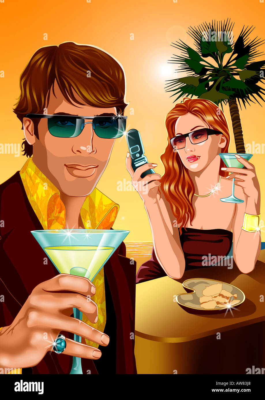 Man and woman having cocktails over sunset Stock Photo - Alamy