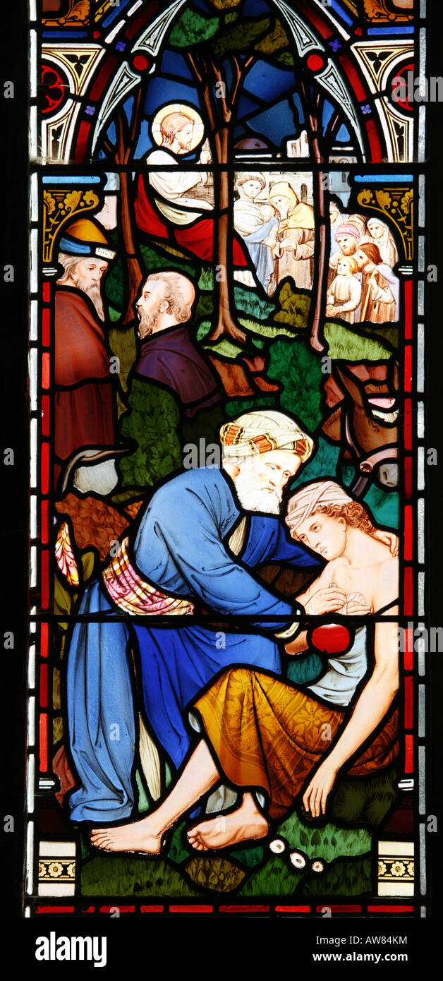 Stained Glass Window Depicting the Good Samaritan Stock Photo - Alamy