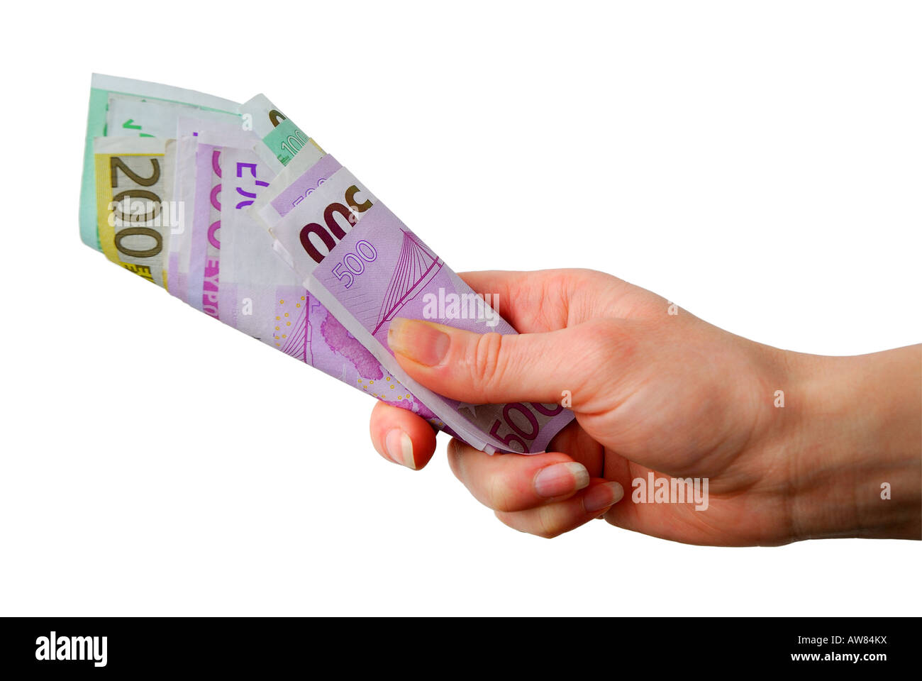 Hand with euro bank notes over white background Stock Photo - Alamy