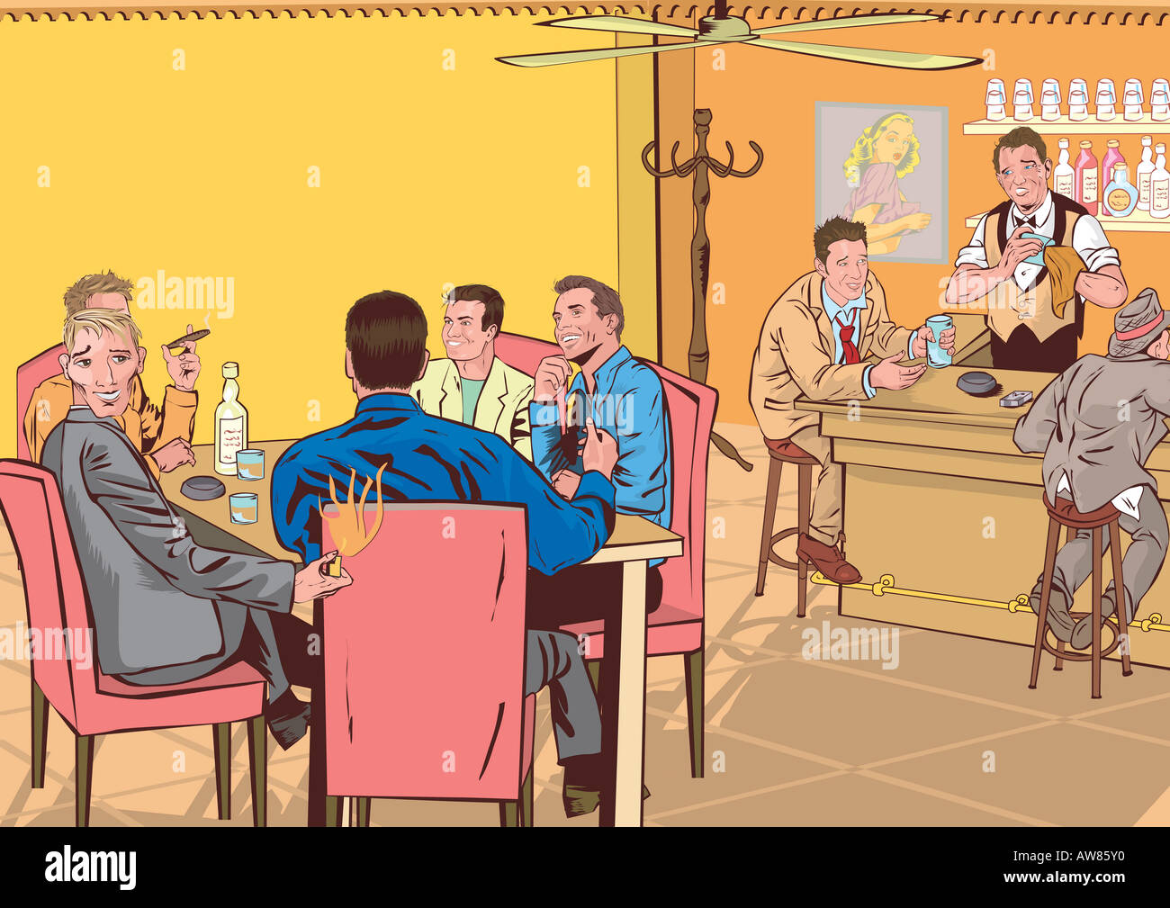 A group of men in a bar, one man lighting a fire behind another's back ...