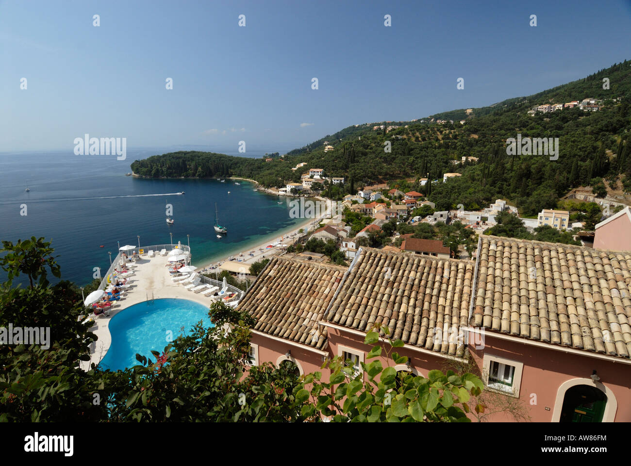 Kalami beach and village (north-east coast), Corfu island, Greece Stock ...
