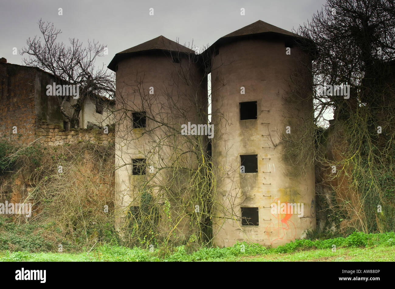 two silos in abandoned farm Stock Photo - Alamy