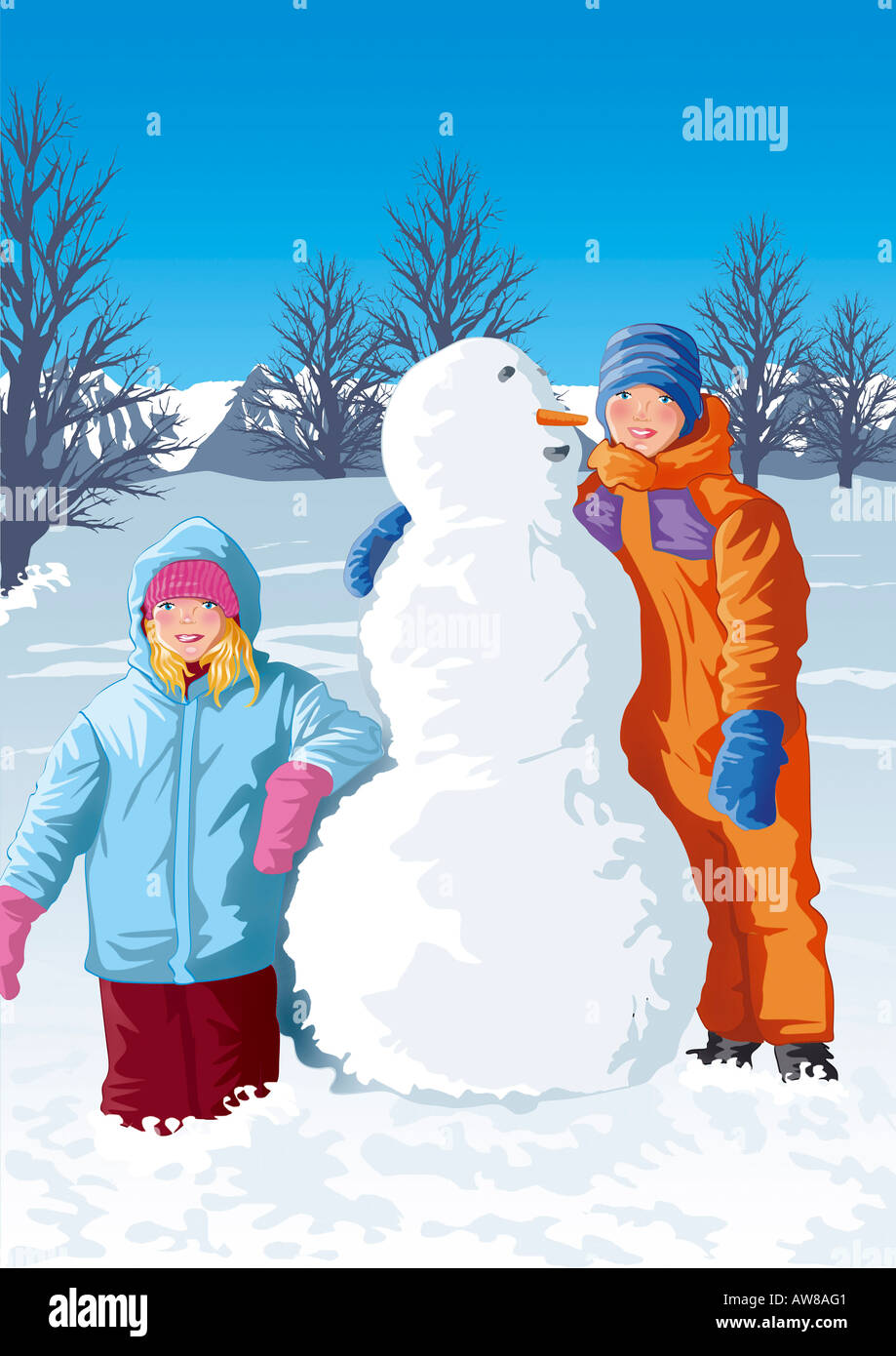 Children playing in the snow with a snowman Stock Photo - Alamy