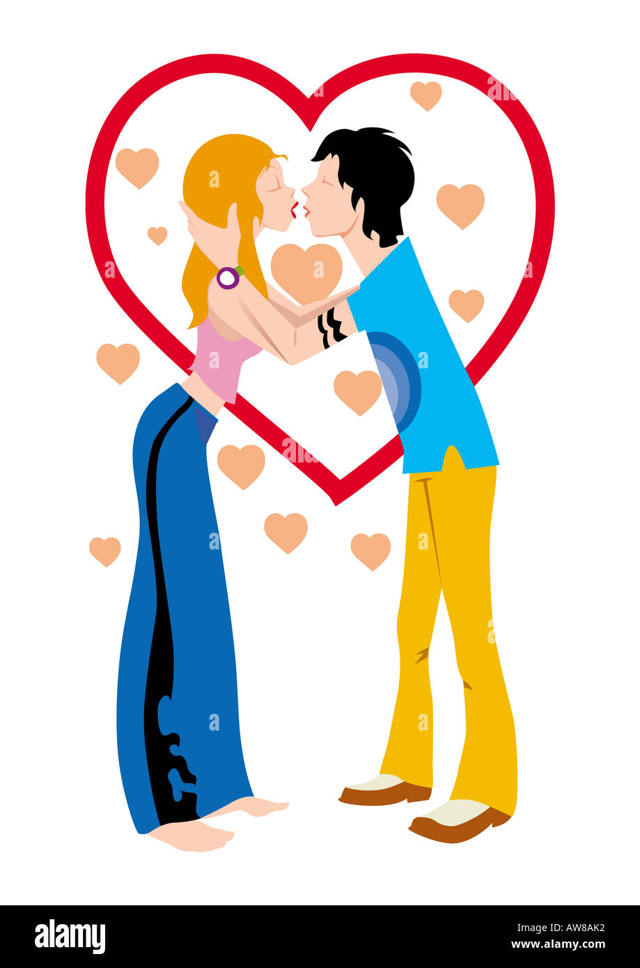 Couple kissing with hearts surrounding them Stock Photo - Alamy