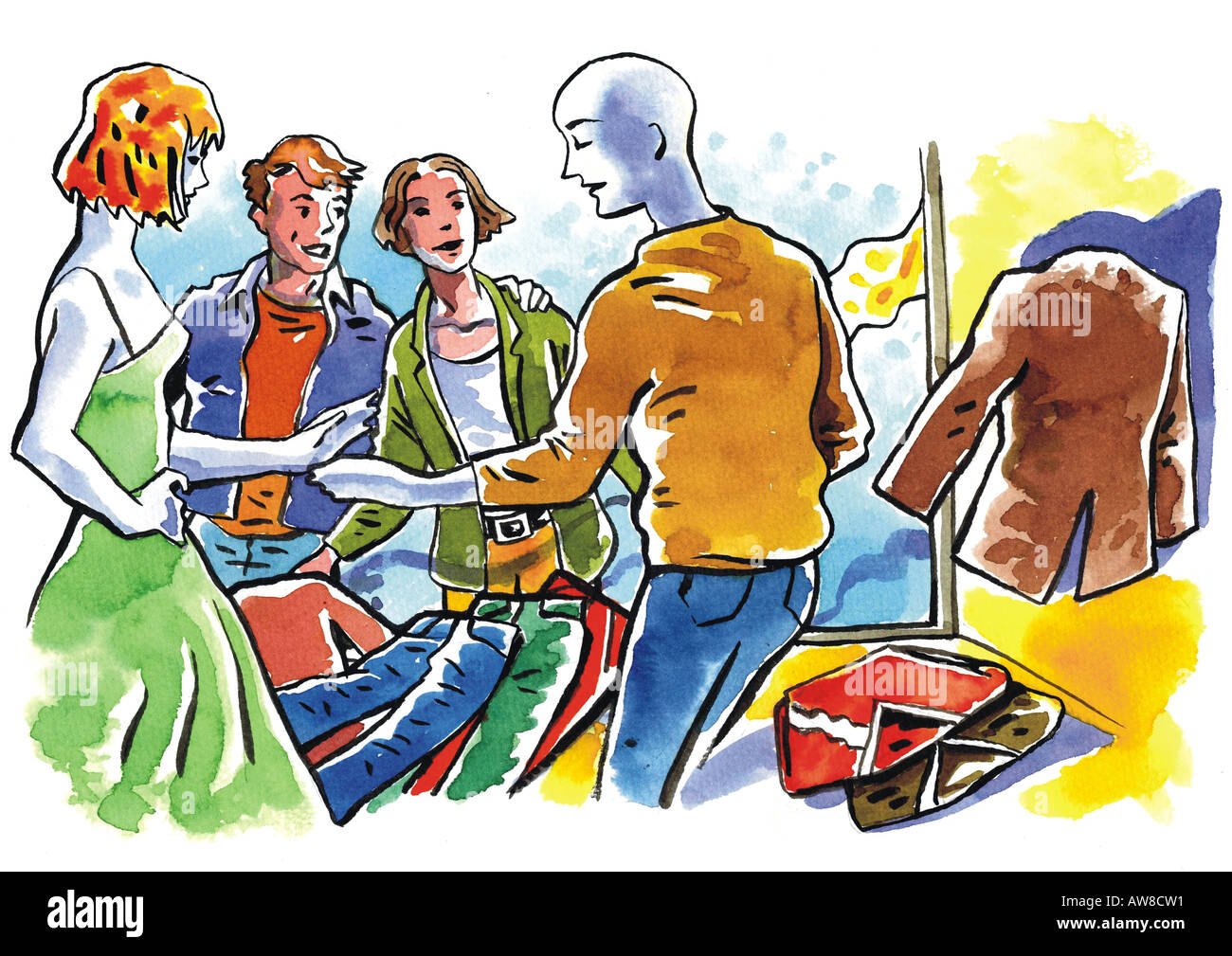 Three shoppers and a salesperson in a clothing store Stock Photo - Alamy