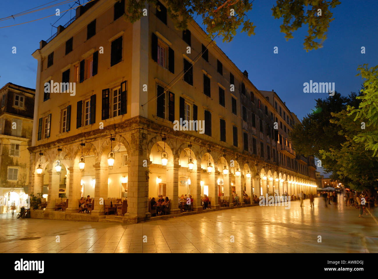 Liston by night, Corfu city, Greece. The arcade complex was built by ...