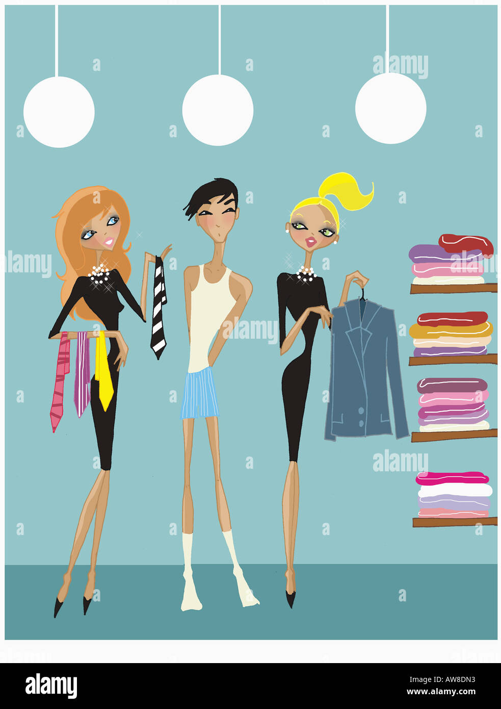 Two women helping man choose clothing Stock Photo - Alamy