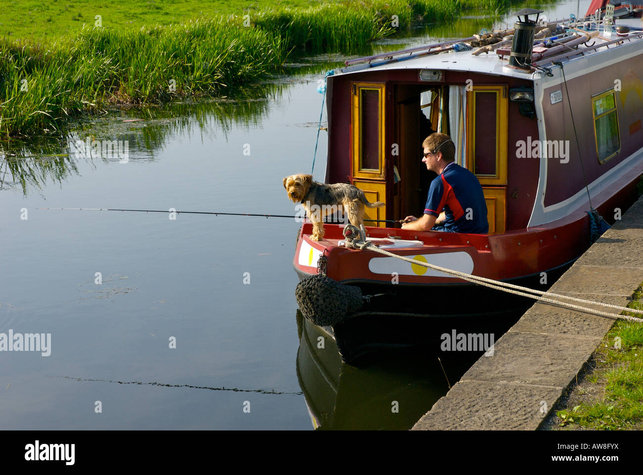 Man and dog fishing in the Leeds-Liverpool Canal, from narrowboat ...