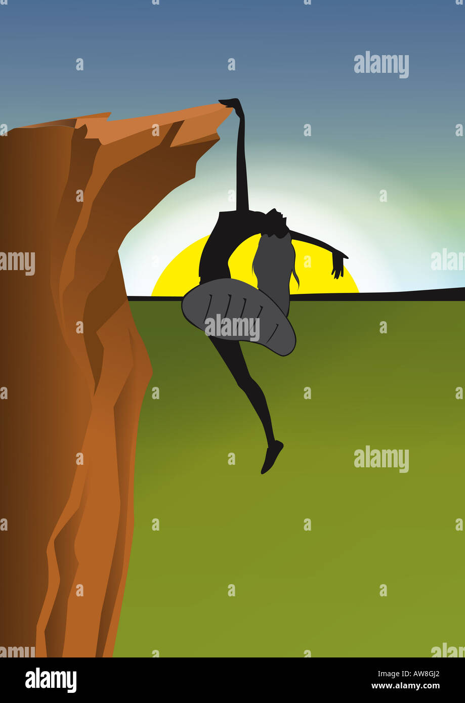 Female rockclimber holding onto cliff with one hand Stock Photo - Alamy