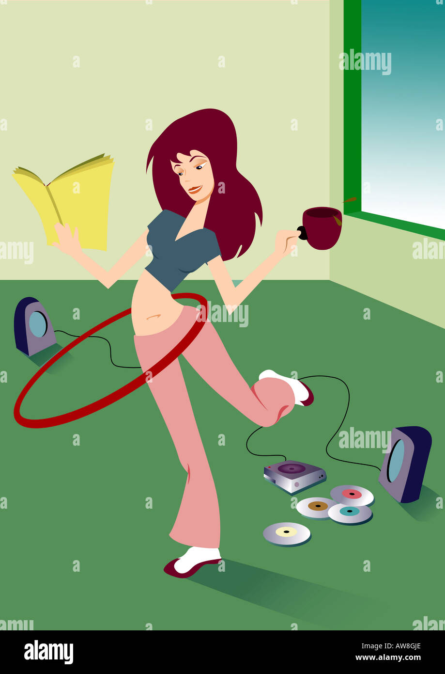 Young woman exercising while doing many other activities Stock Photo ...