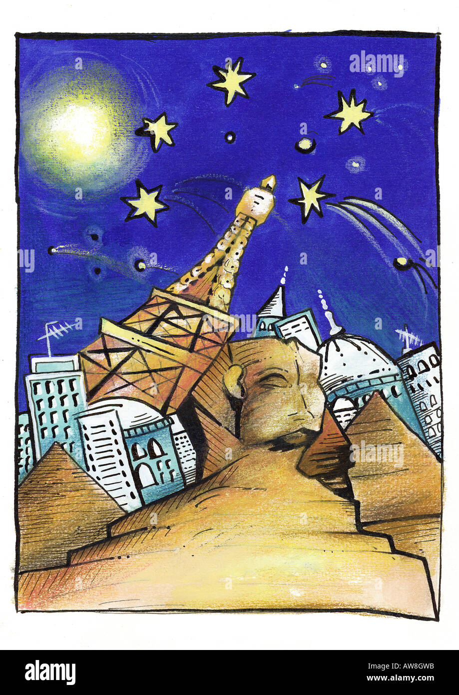 Cairo and Paris with a star-studded sky lit by the moon Stock Photo - Alamy