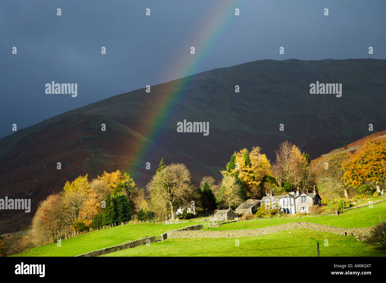 Farm Cottages Barns Under Rainbow After Heavy Rainstorm With Blancathra ...