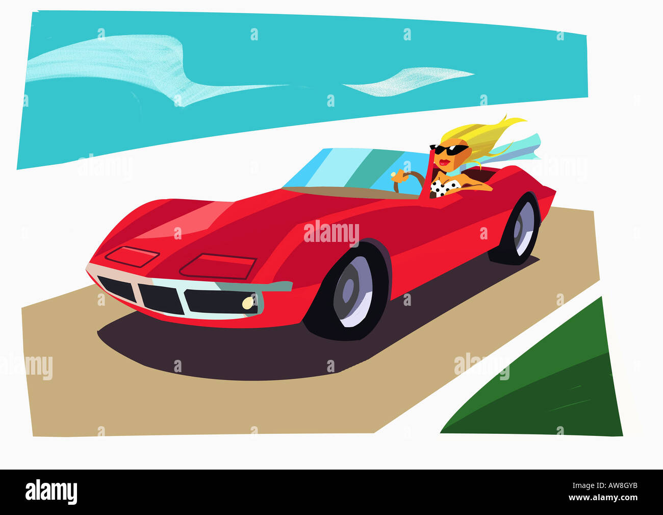 Woman in convertible sports car racing down the highway Stock Photo - Alamy