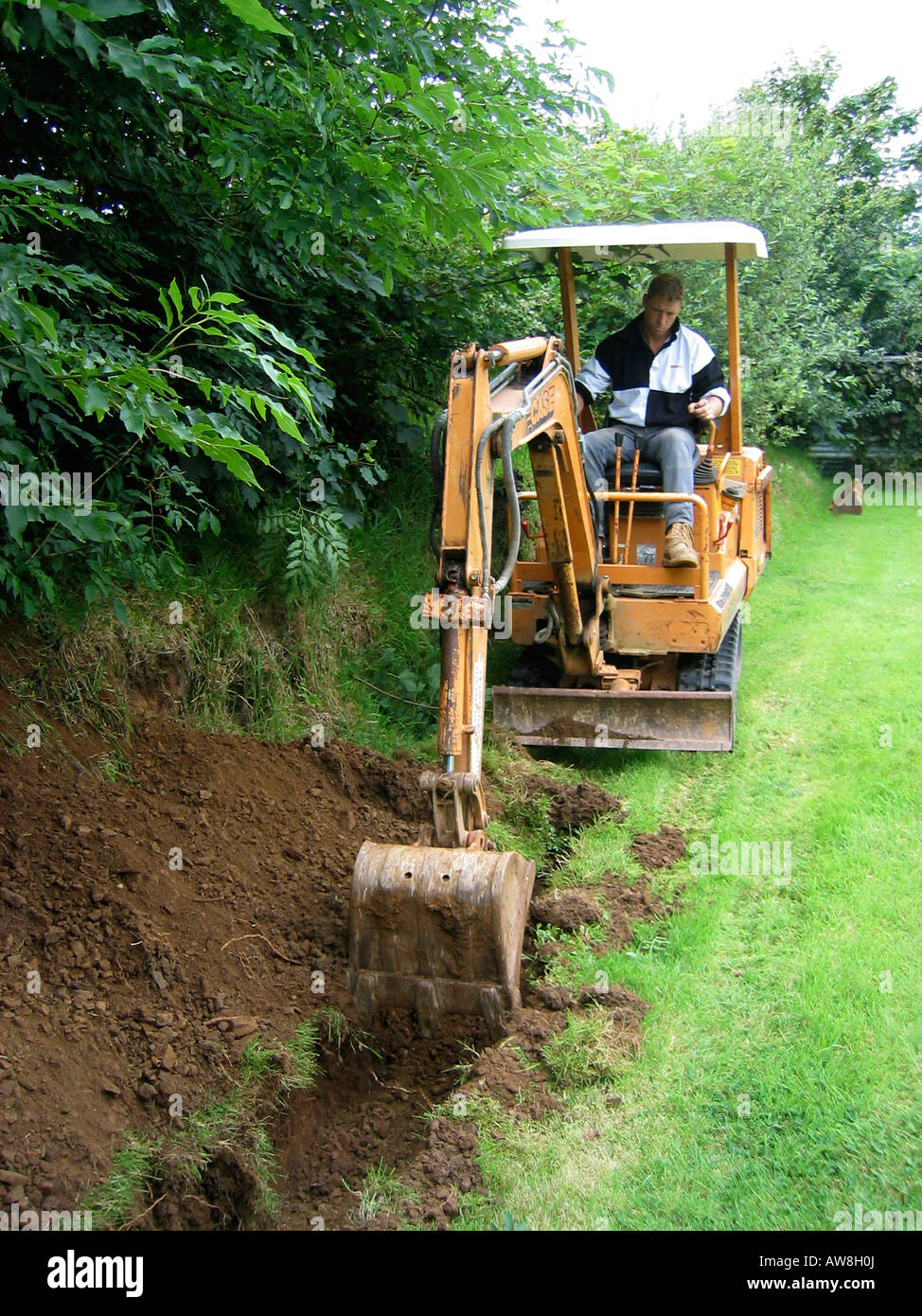 Digger small Caterpilar digging trench in green field for trees Stock ...