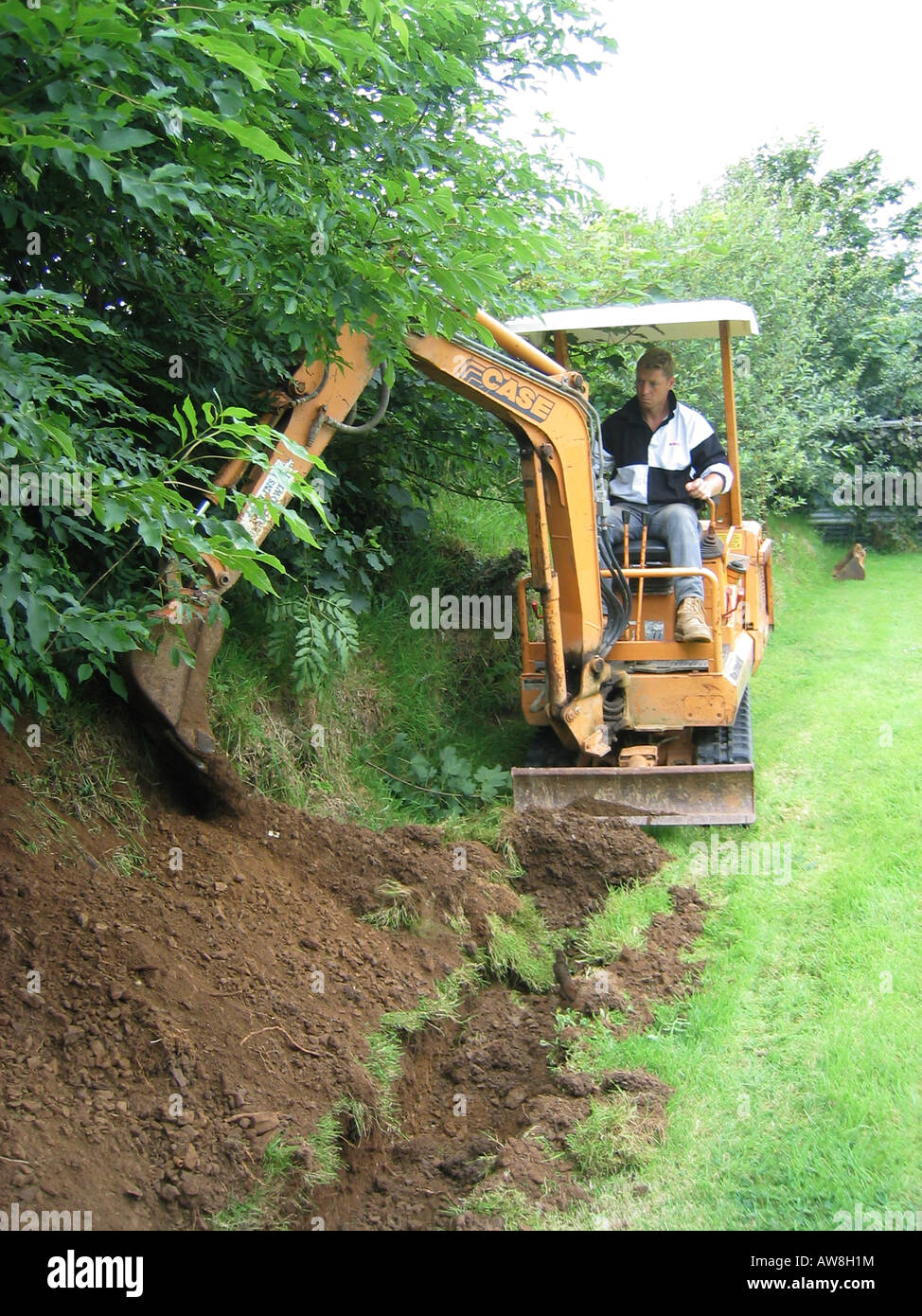Digger small Caterpilar digging trench in green field for trees Stock ...
