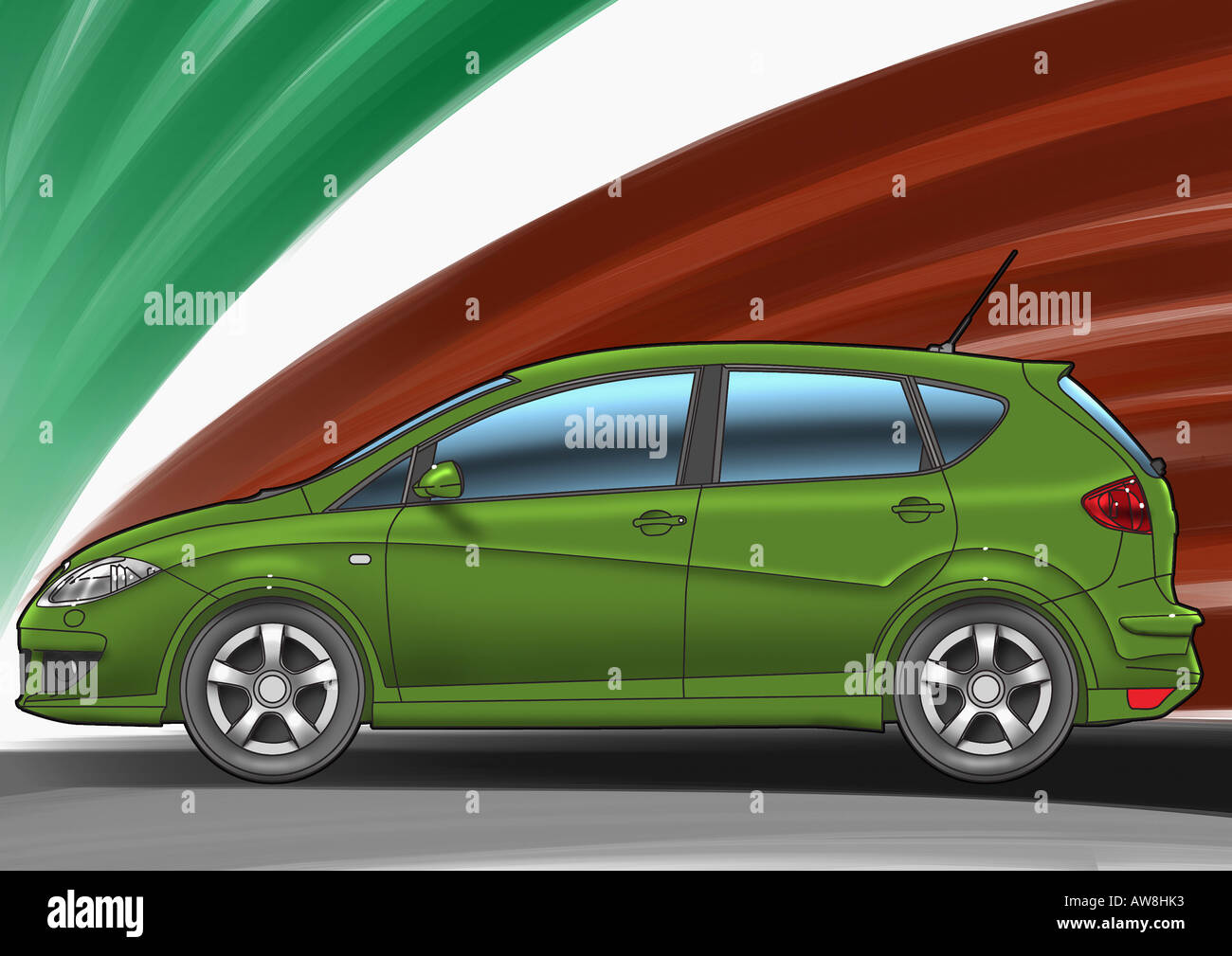 Green four-door hatchback with green, red, and white background Stock ...