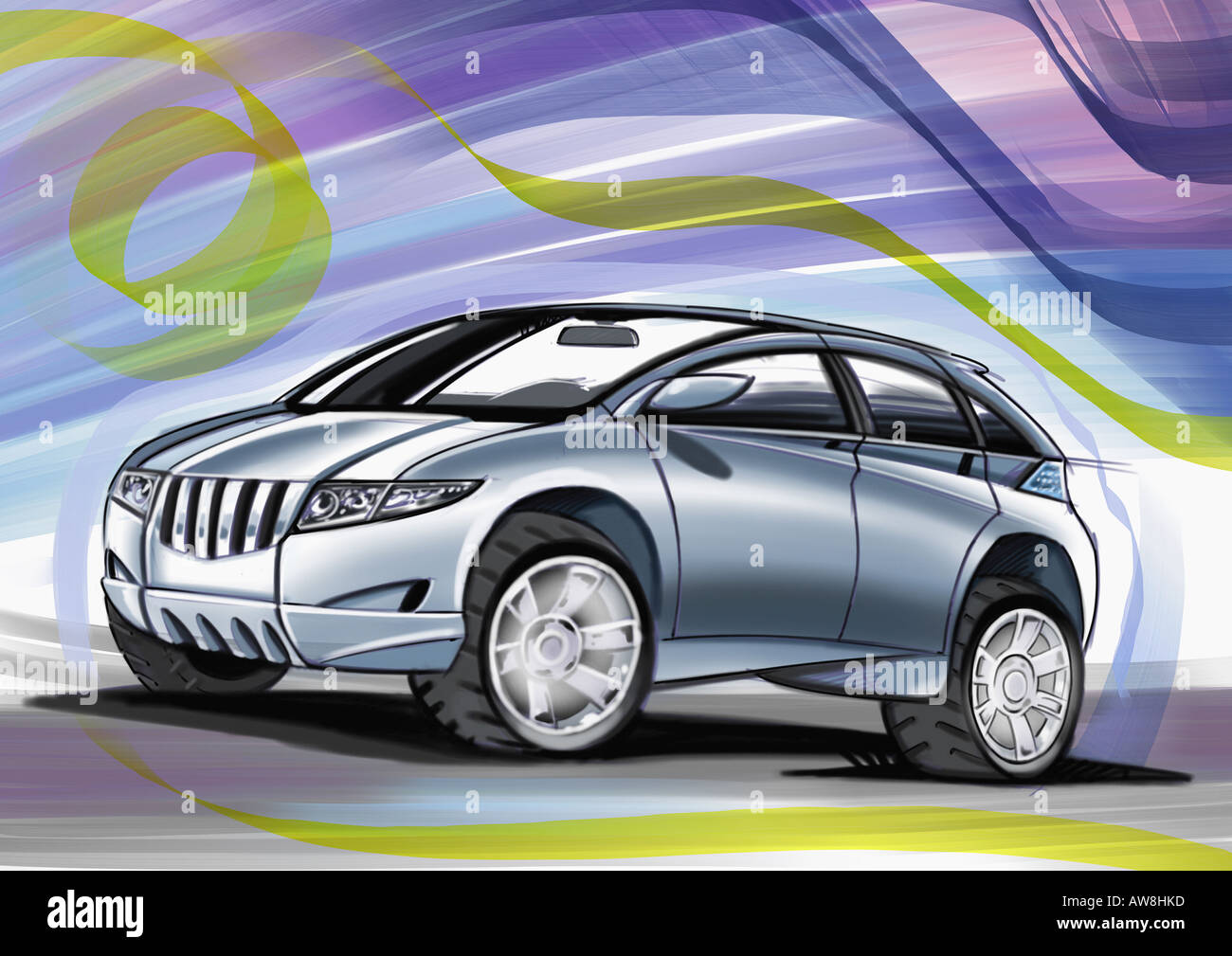 Silver sports car with blue and yellow background Stock Photo - Alamy