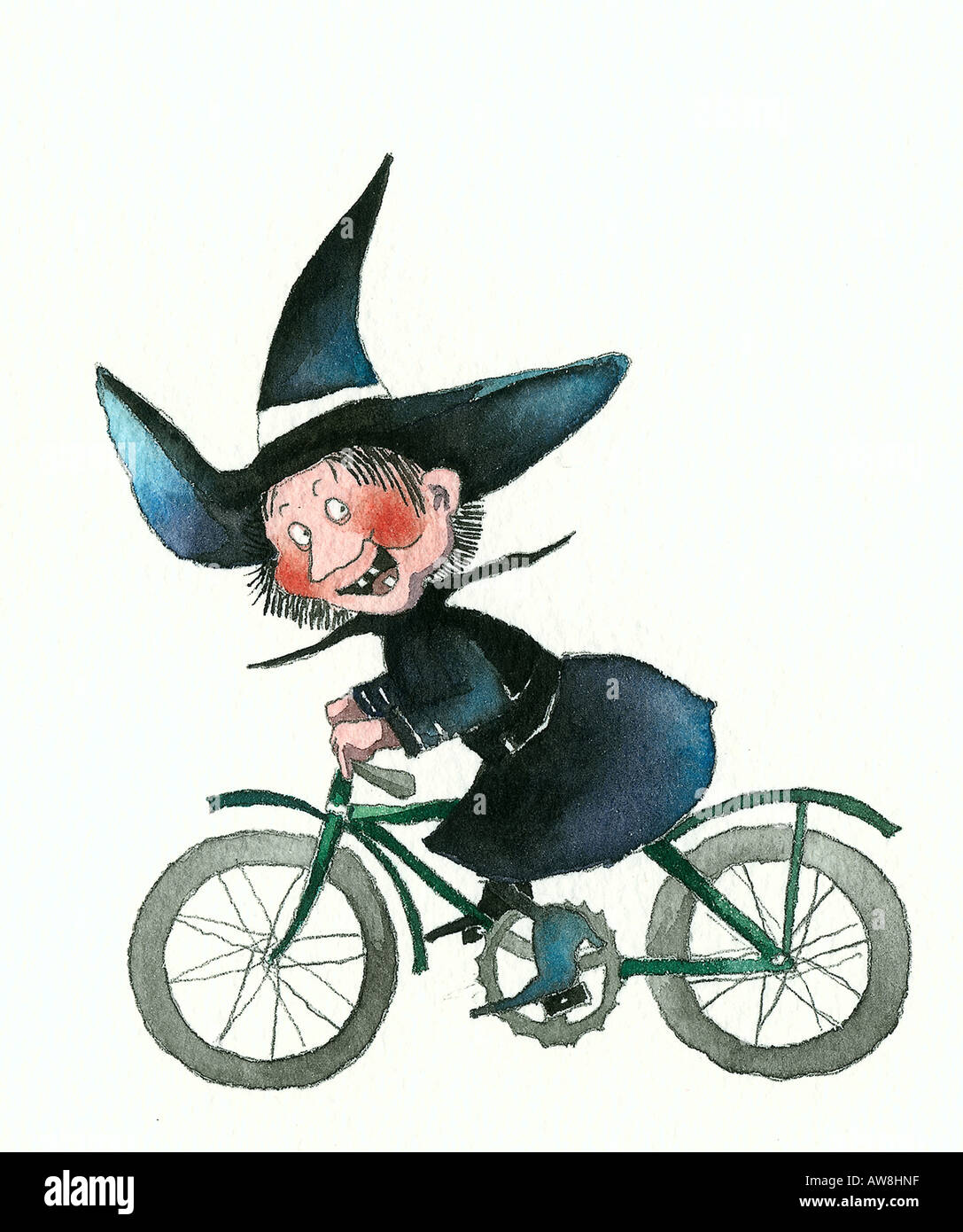 Happy witch on bike Stock Photo - Alamy