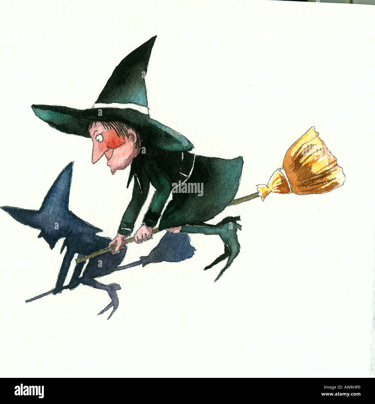 Happy witch on broom with her shadow Stock Photo - Alamy
