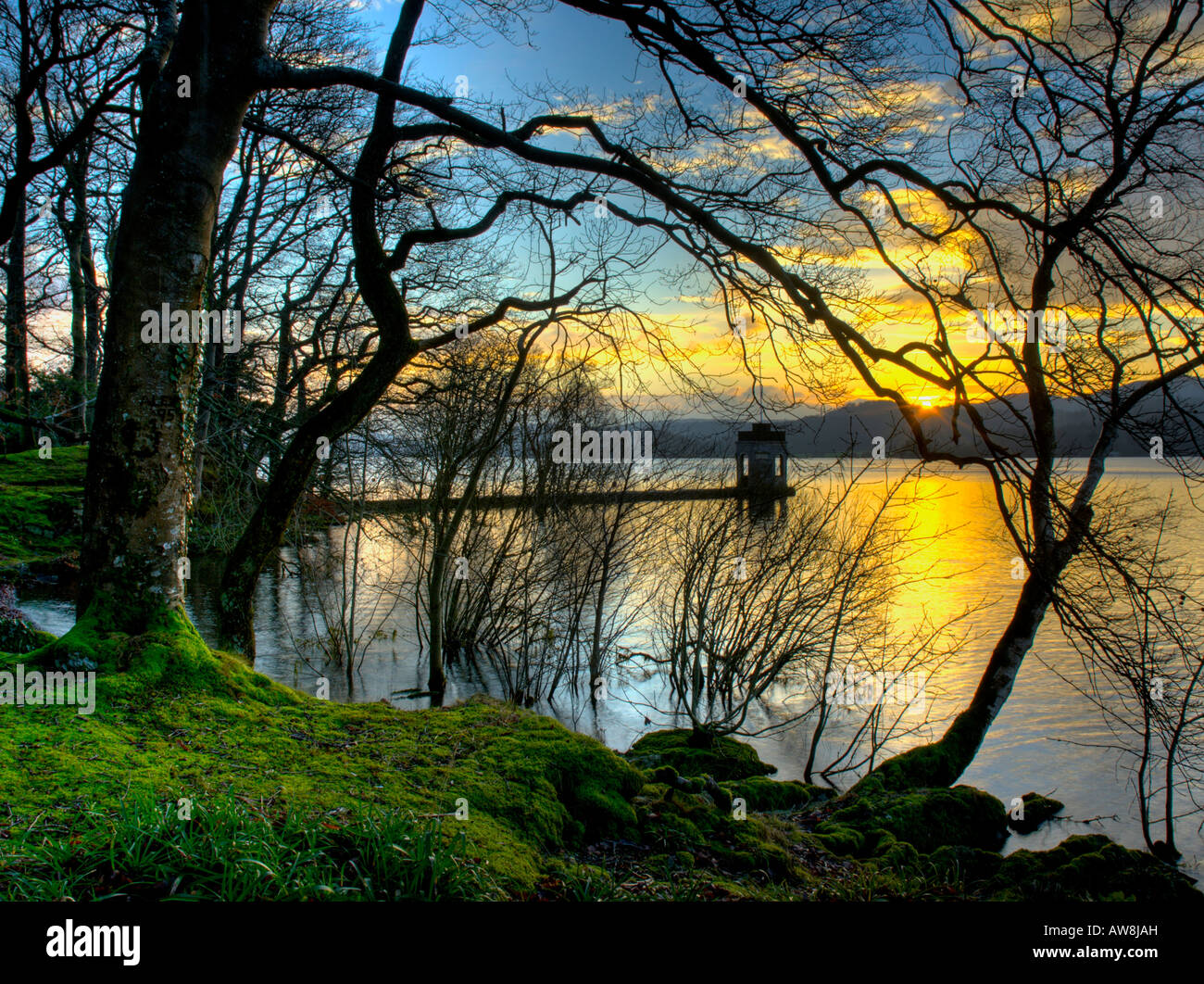 Lake Windermere and Storrs Temple at sunset, in grounds of Storrs Hall ...