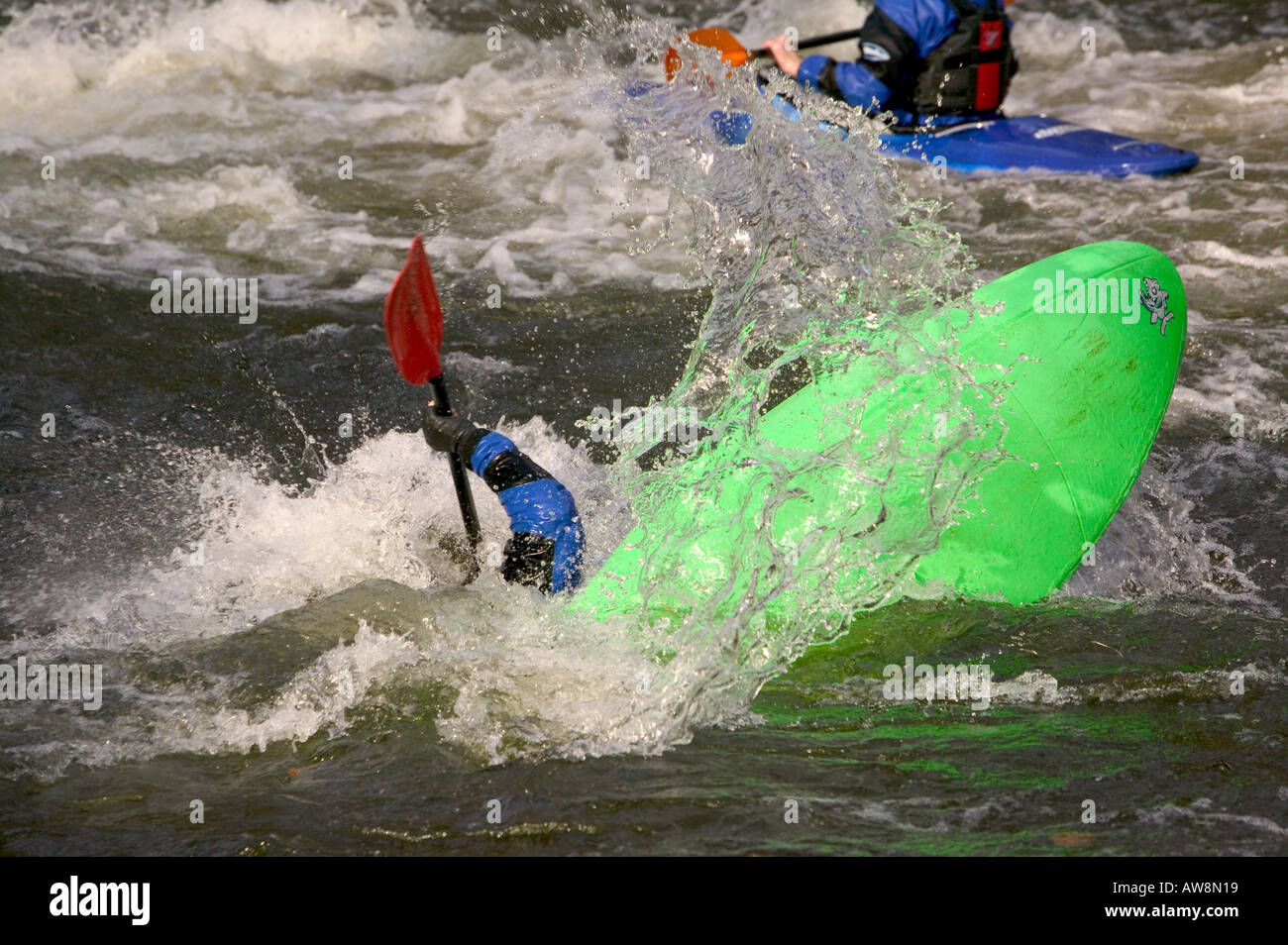 Canoeist performing an eskimo roll on the River Brathay, Ambleside ...