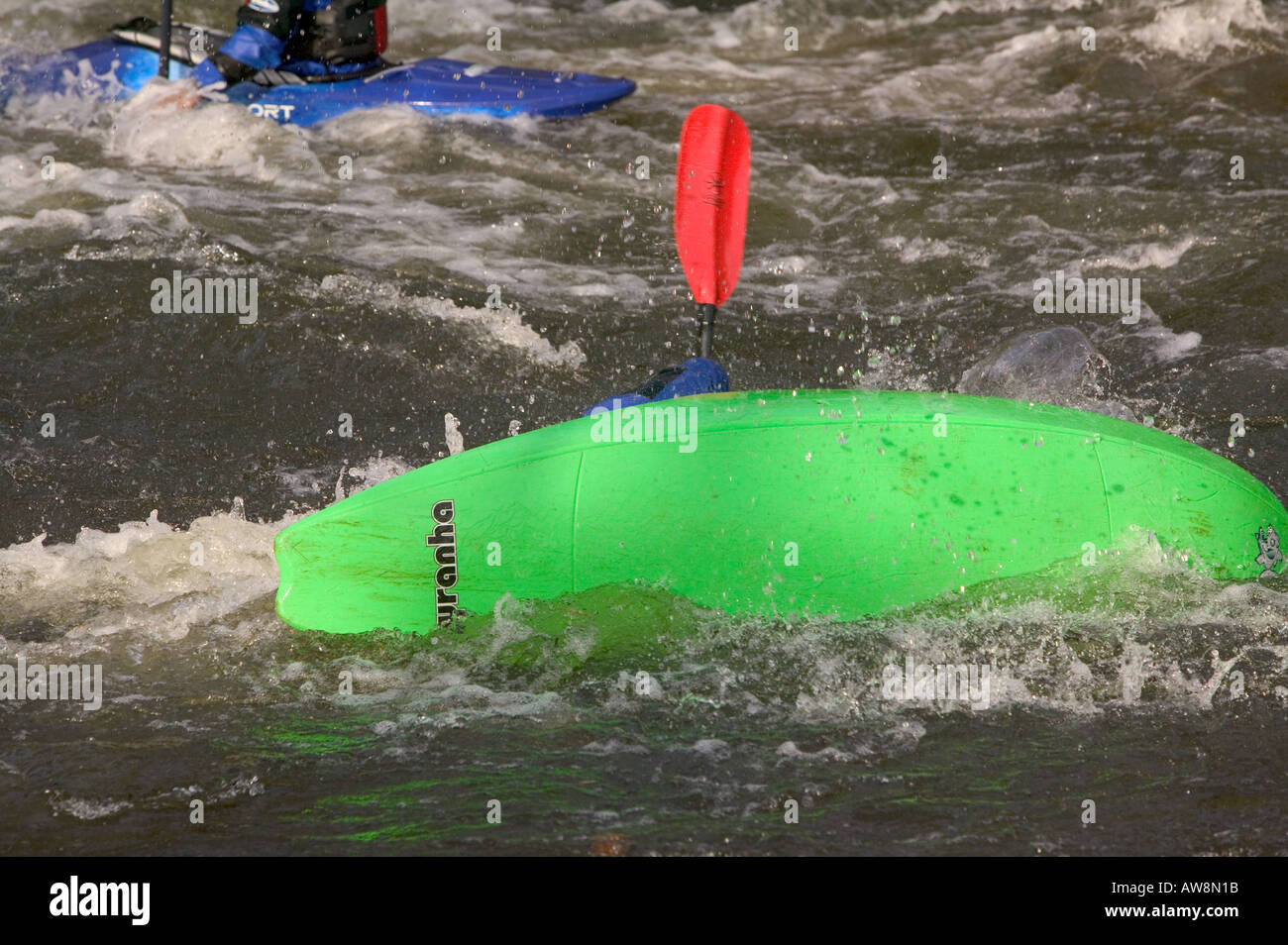 Canoeist performing an eskimo roll on the River Brathay, Ambleside ...