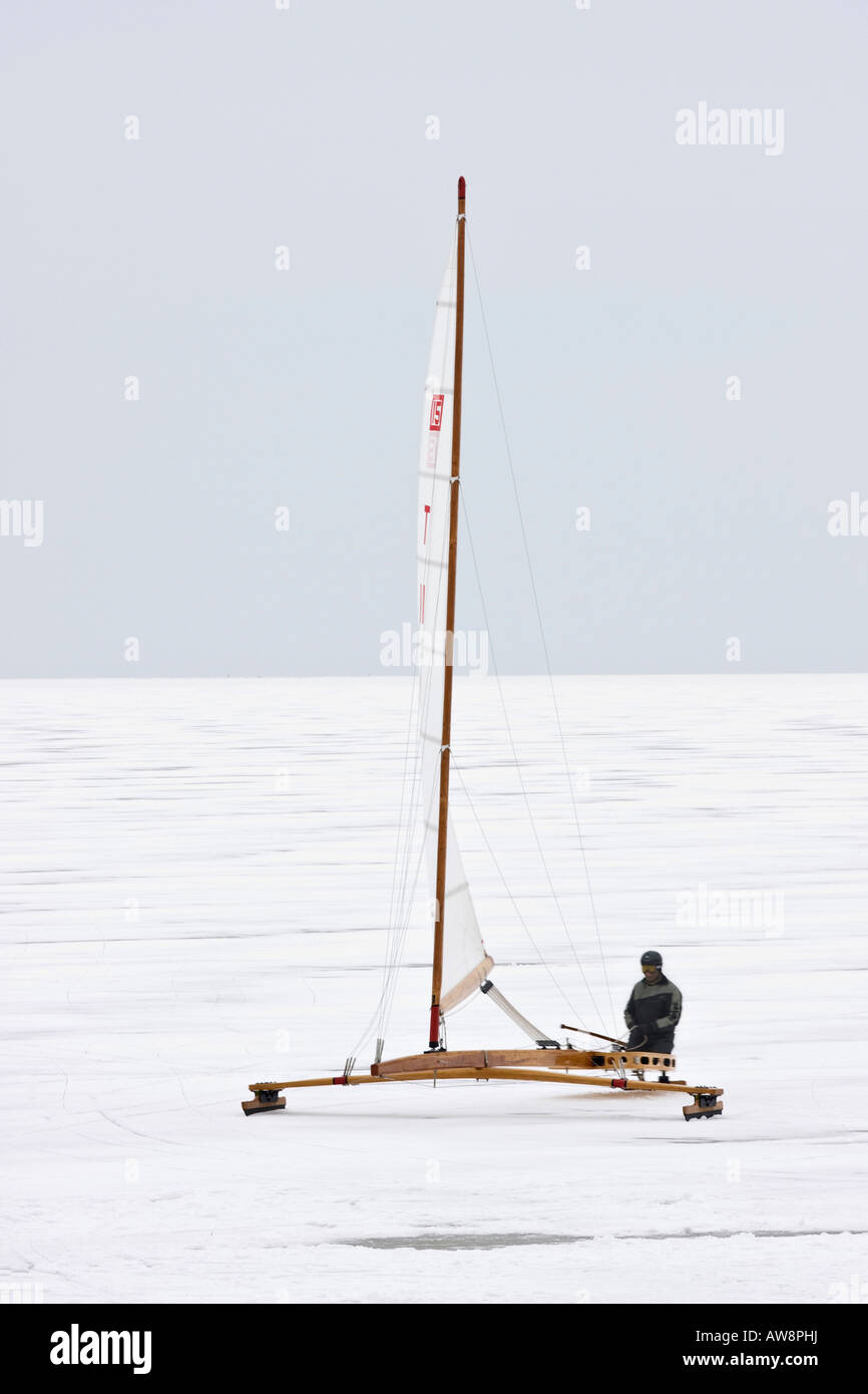 Ice boat on frozen Lake Erie in Toledo Ohio USA winter sport sports day ...
