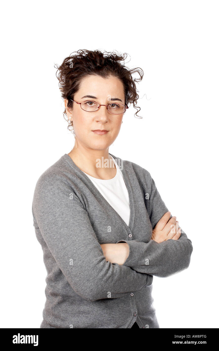 Serious business woman standing over a white background Stock Photo - Alamy
