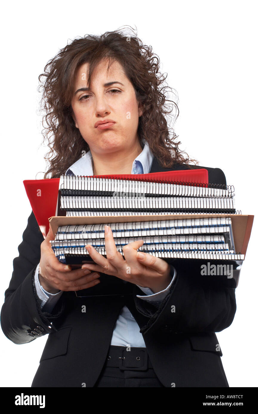 Busy business woman carrying stacked files over a white background ...