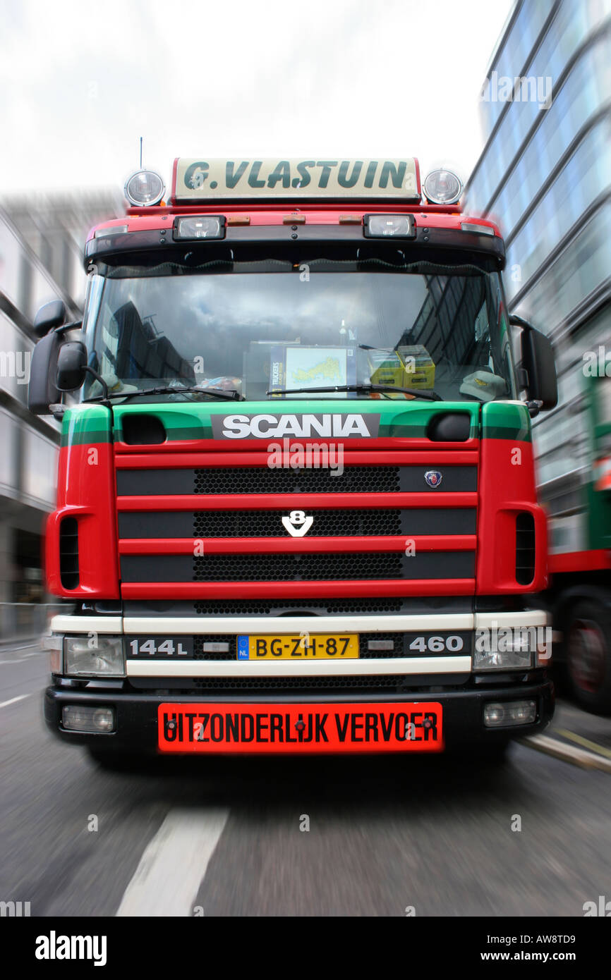Head on shot of Dutch Scania truck with very strong perspective and ...