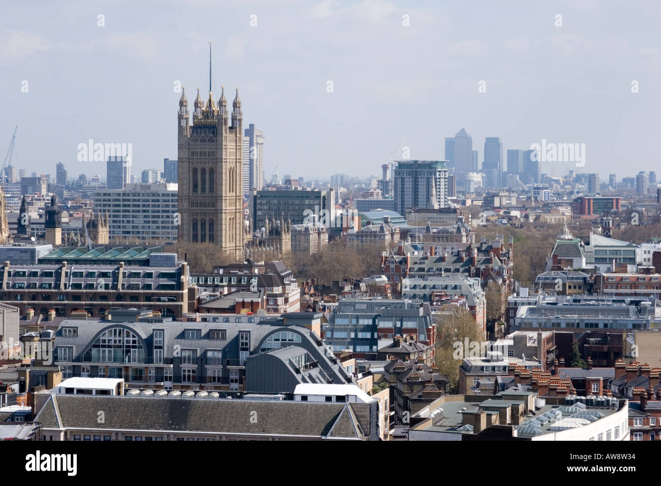 Roof top view of London Borough of Westminster with Parliament in view ...