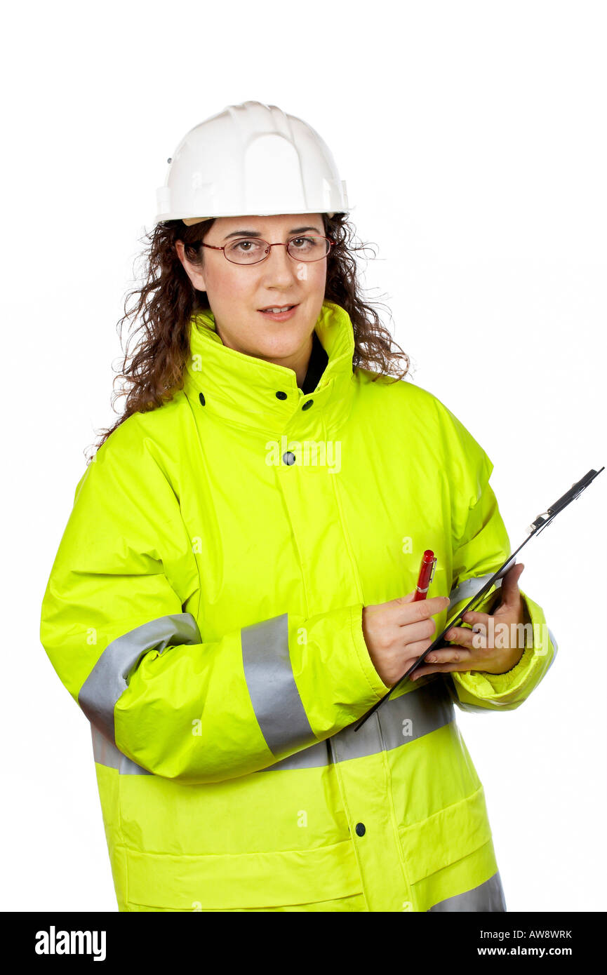 Female construction worker writing over a white background Stock Photo ...