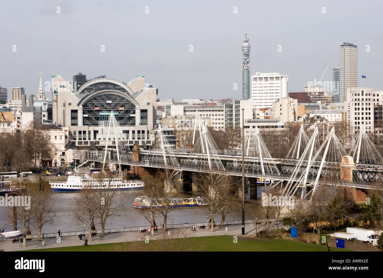 View of Hungerford Bridge spanning the River Thames and Charing Cross ...