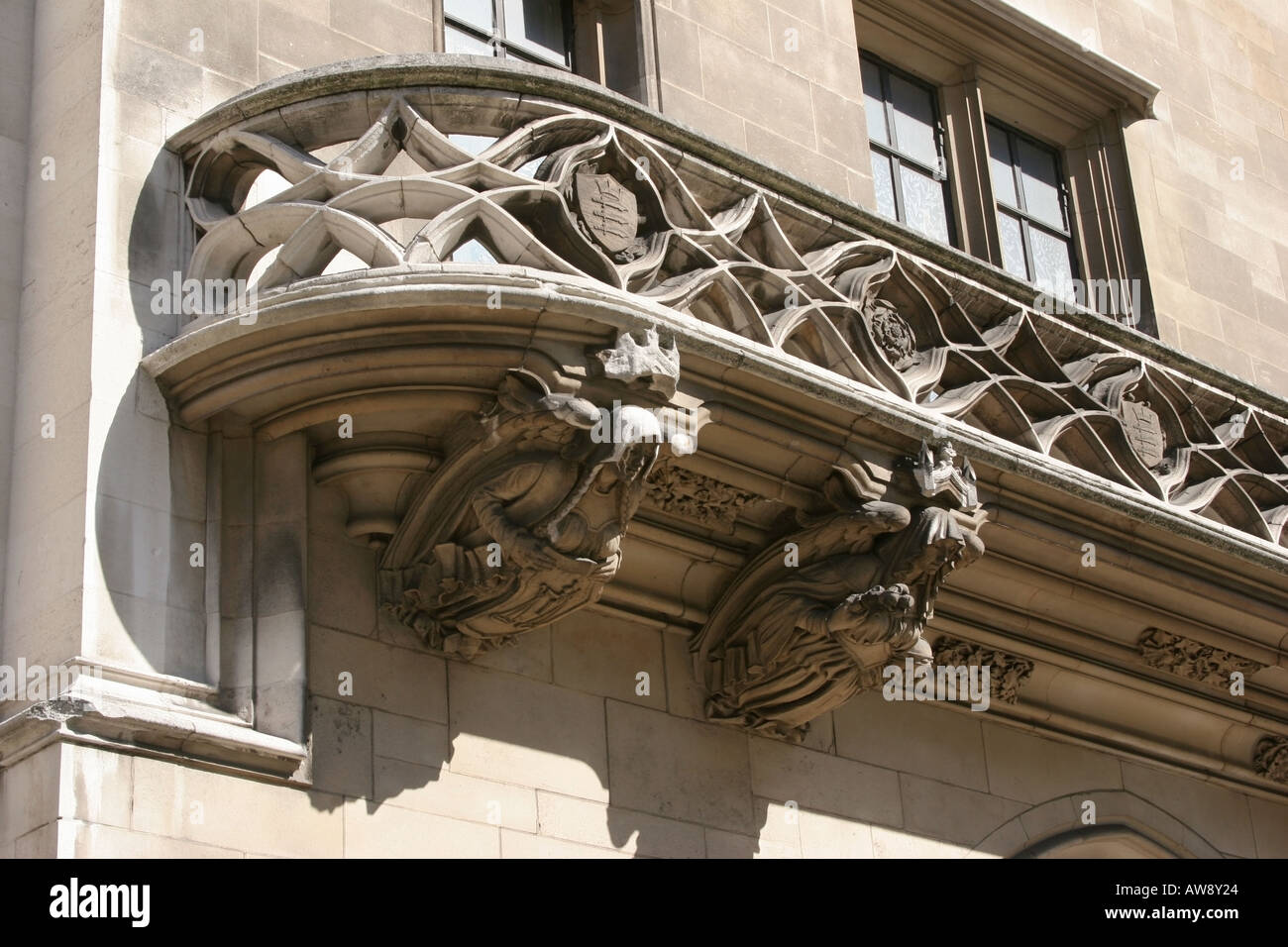 Architectural details on carved stone balcony on middlesex guildhall in ...