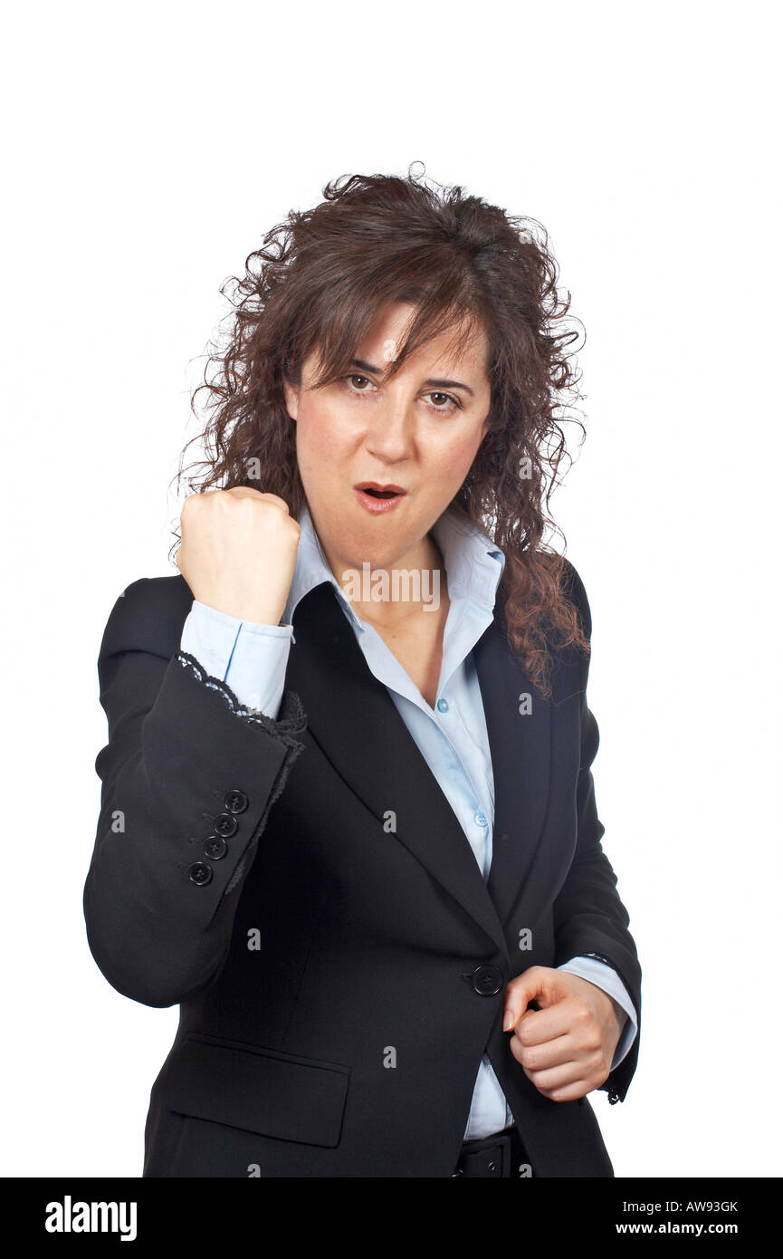 Excited businesswoman gesture over a white background Stock Photo - Alamy