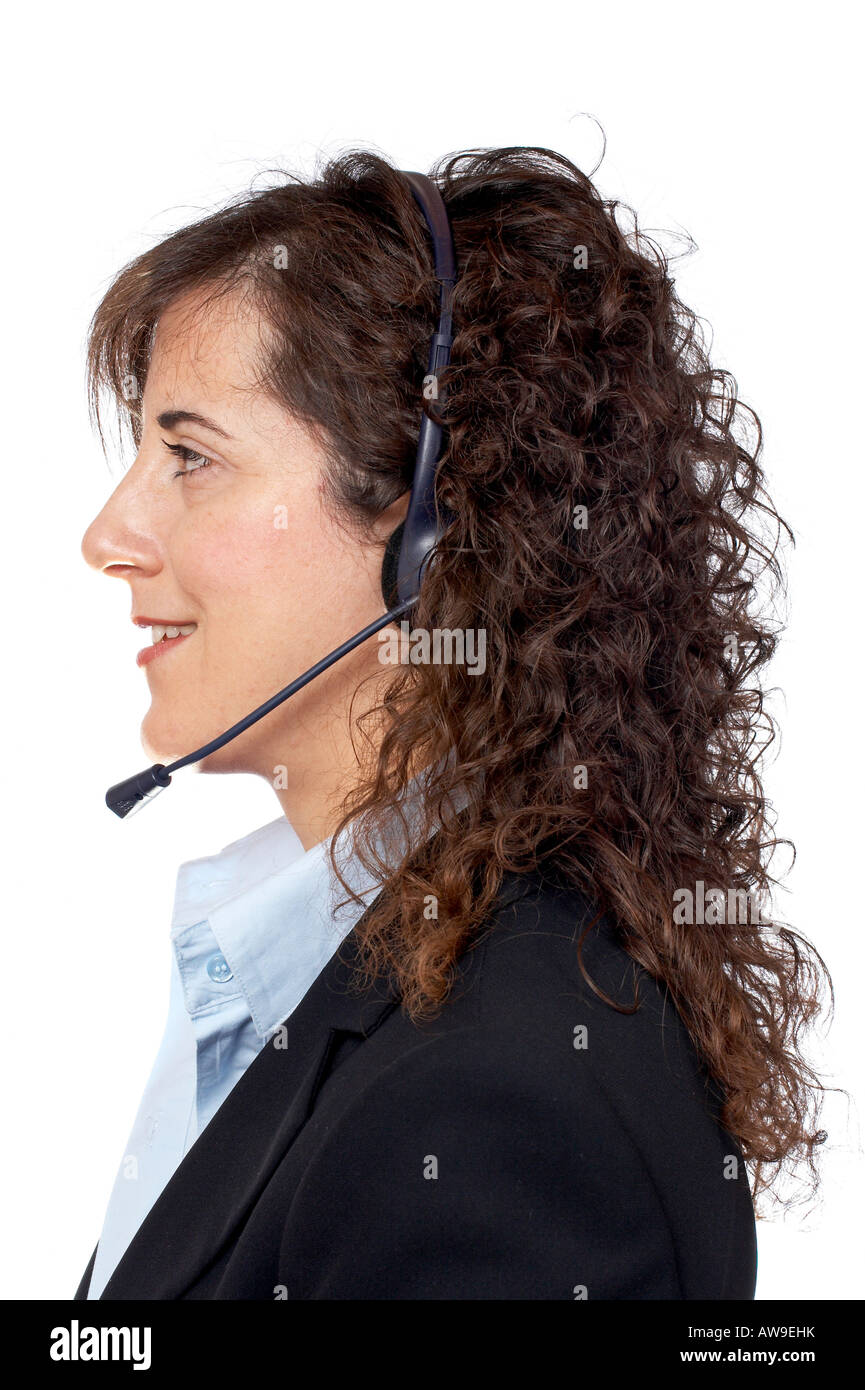 Smiling customer support girl on white background Stock Photo - Alamy
