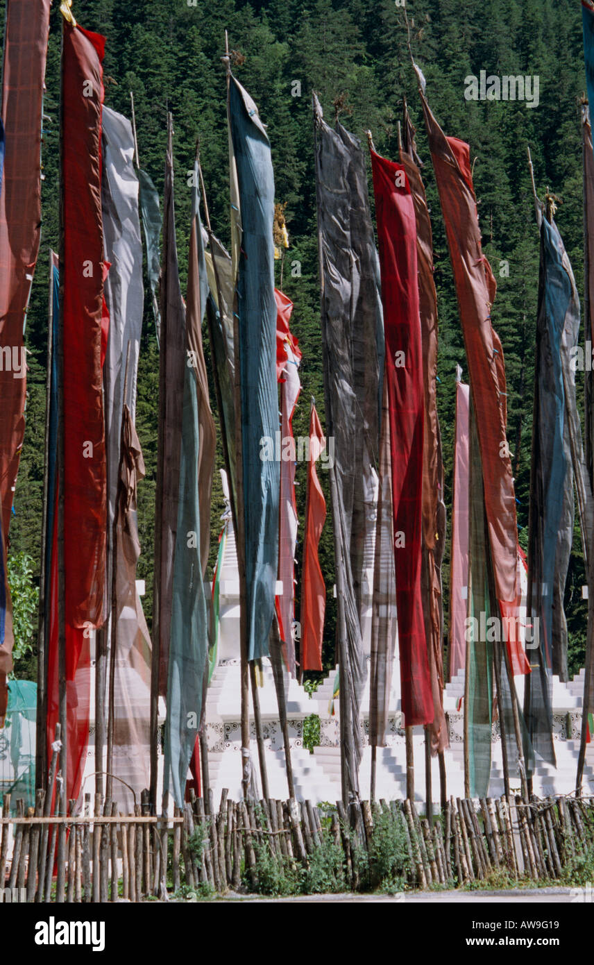Prayer flags flutter outside a Buddhist monastery in Jaizagu National ...