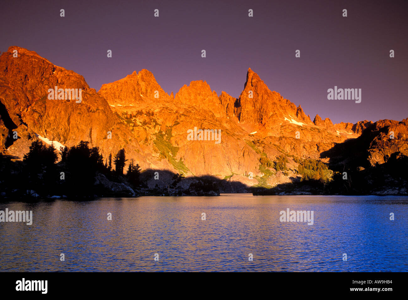 Dawn light on the Minarets from Minaret Lake Ansel Adams Wilderness ...