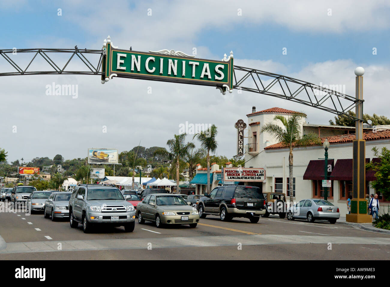 Sign marking the city of Encinitas over the highway with historic La ...