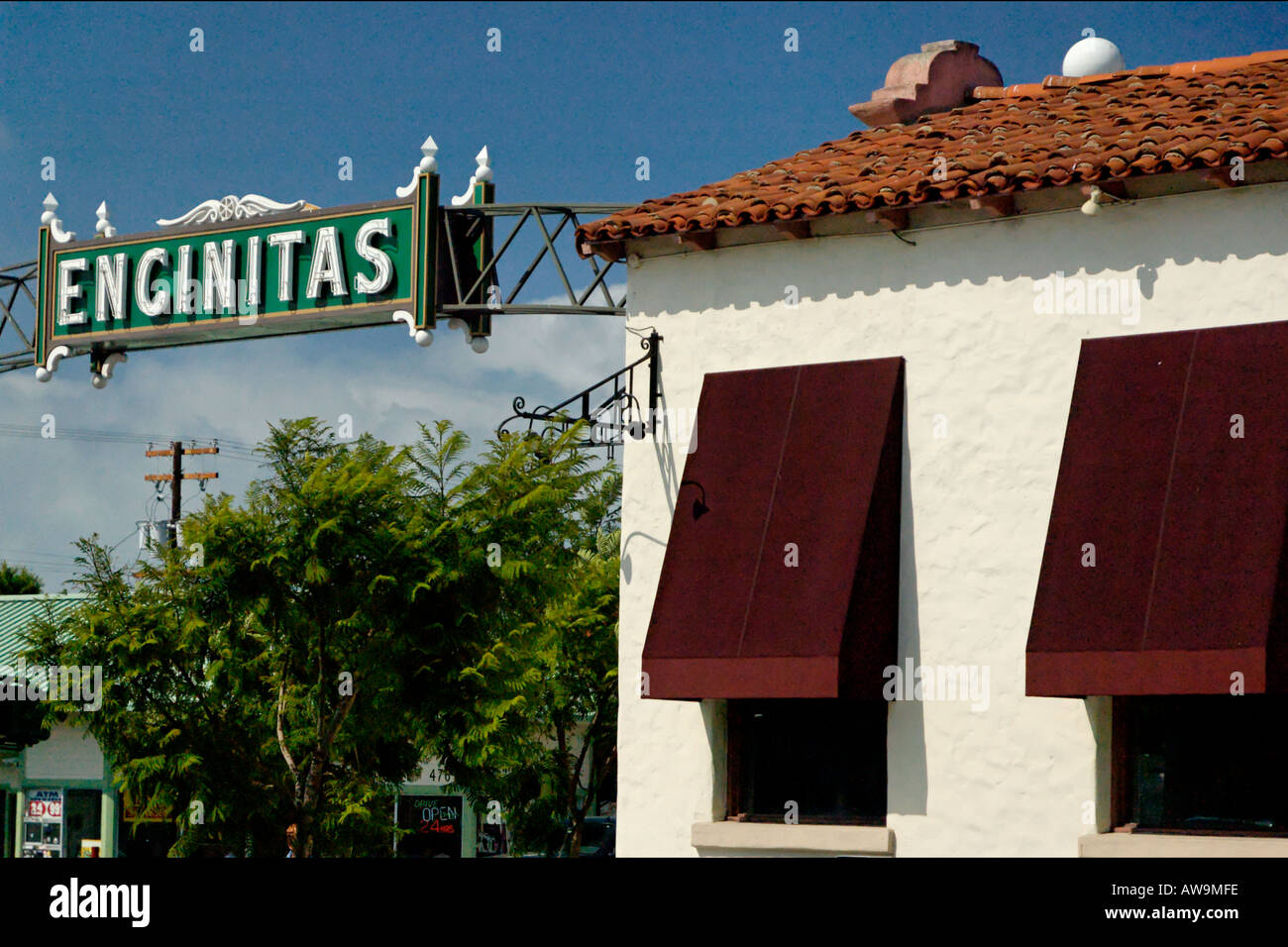 Sign marking the city of Encinitas over the highway in downtown ...