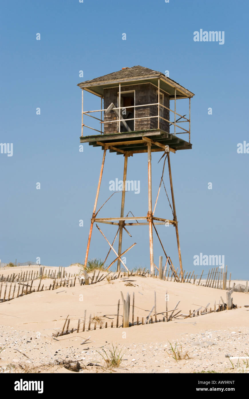 Beach lifeguard tower in sand dunes in the Outer Banks at Corolla ...