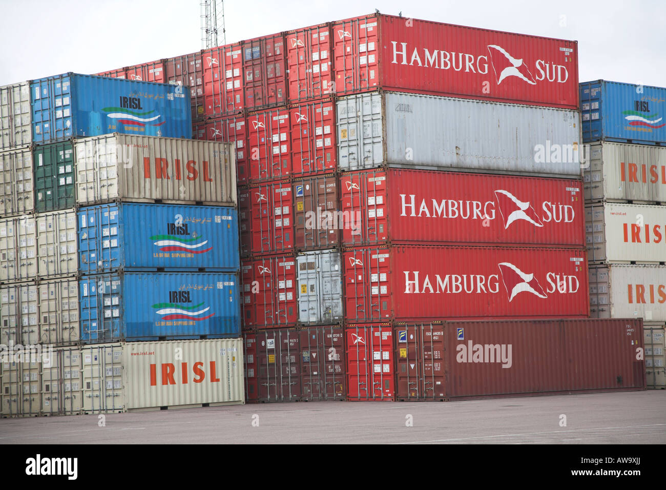 Stacked shipping containers of Hamburg Sud and IRISL Port of Felixstowe ...