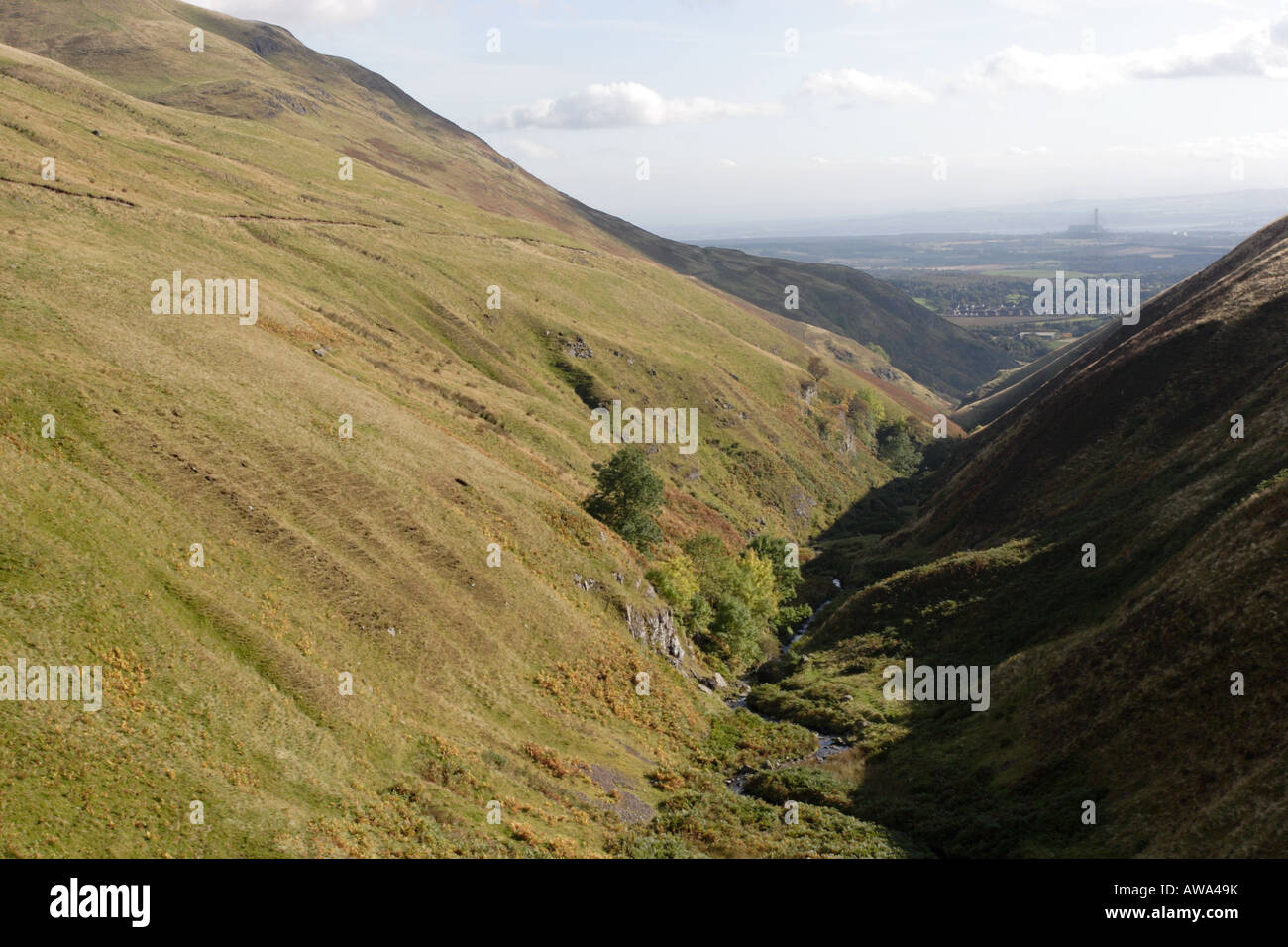 Looking downstream in Alva Glen during autumn in the Ochils. Longannet ...