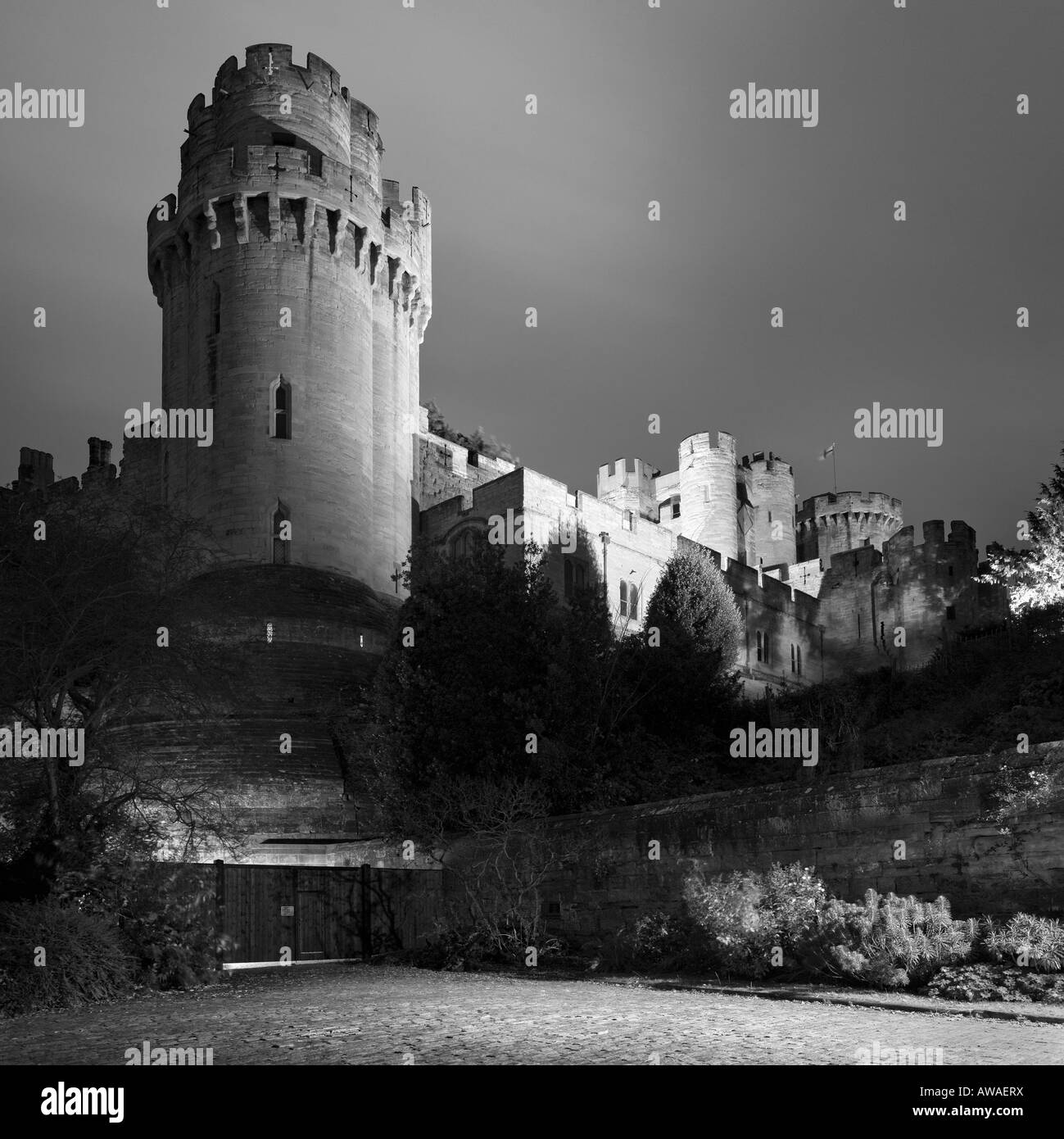 Warwick Castle at night in black and white Stock Photo - Alamy