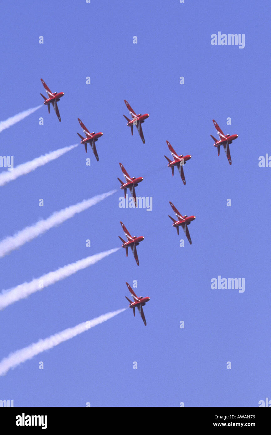 Red Arrows RAF Bae Hawk aircraft in formation Stock Photo - Alamy